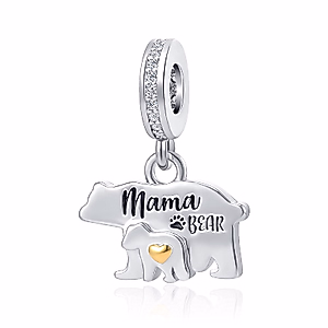 GMXLin Mama Bear Charm for Pandora Bracelets Mom Love Gold Heart Charms for Grandma Mother Son Daughter Birthday