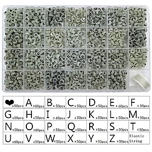Amaney 1400 Pieces 4x7mm Round Acrylic with White Alphabet Letter Beads A-Z Heart Beads and Crystal Line for Jewelry Making Glow in The Dark