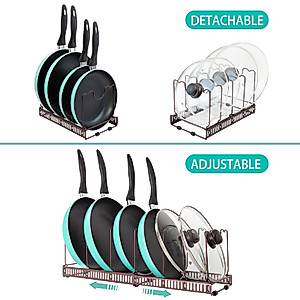 Drengdrau Expandable Pots and Pans Organizer Rack, Adjustable Pot Lid Organizer Holder, Cutting Board Organizer with 10 Dividers for Kitchen Counter Cabinet Bakeware Organizer, Bronze