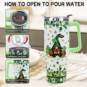Nqhsionv St Patricks Day Tumbler with Handle 40 oz Lucky Gnomes Shamrock Coffee Travel Mug Stainless Steel Insulated Cup Irish Saint Patricks Decor Gifts
