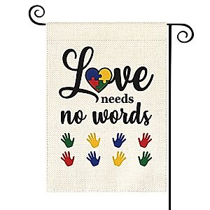 AVOIN colorlife Autism Awareness Hands Love Heart Garden Flag Double Sized Outside, Love Needs No Words Puzzle Piece Inspirational Support Yard Outdoor Decoration 12 x 18 Inch