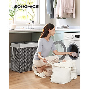 SONGMICS 130L Clothes Hamper with Lid, 2 Removable Liner Bags & 6 Mesh Bags, Wicker, Double Laundry Basket for Bathroom, 13 x 26 x 23.6 Inches, Gray ULCB253G01