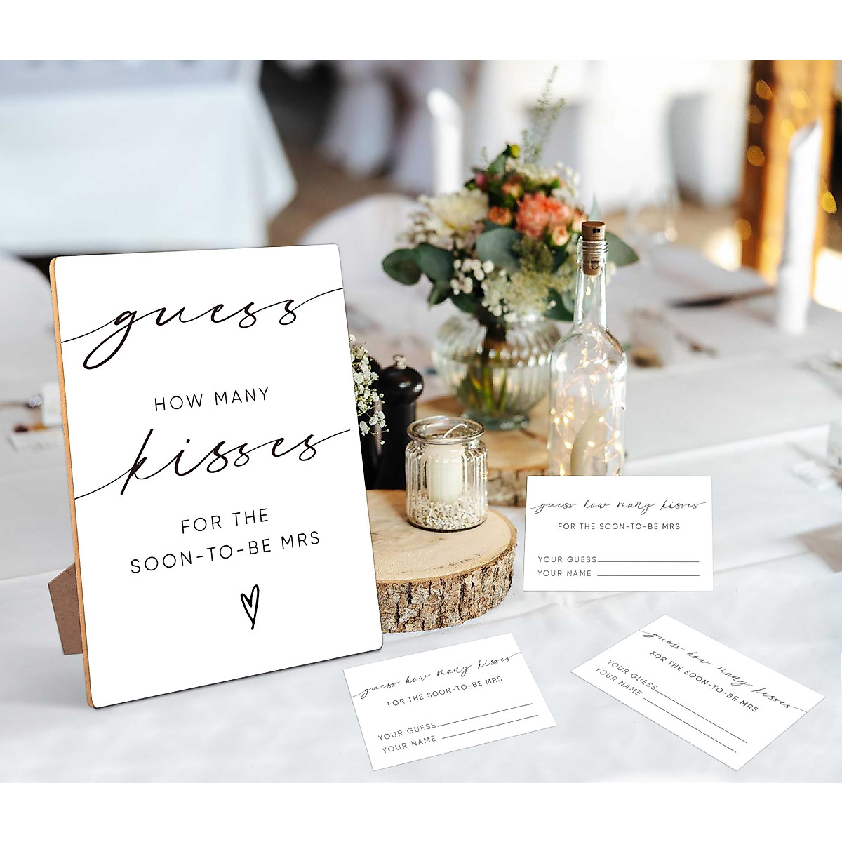 How Many Kisses Bridal Shower Game, Bridal Shower Games, Bridal Shower Decorations, Bridal Party Decorations, Bachelorette Party Games,1 Wooden Play Sign with Stand and 50 Guessing Cards Set