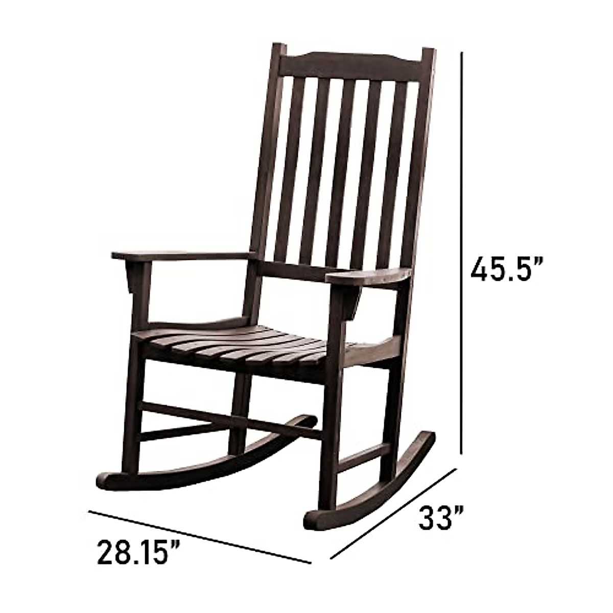 Merry Products Traditional Acacia Hardwood Rocking Chair with Curved Seat and Wide Armrests for Outdoor or Indoor Use, Dark Stain