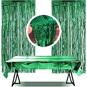 2 Pack Green foil Fringe Curtains 3.2 ft x 8.2 ft + 1 Pack Tablecloth 54” x108 for Birthday Wedding Christmas Bridal Shower Bachelorette Holiday Party Backdrops Photo Booth Props (Green)