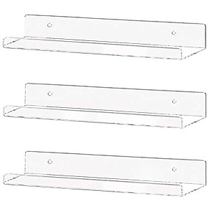Weiai Clear Acrylic Shelf 15" Invisible Floating Wall Ledge Bookshelf, Kids Book Display Shelves Wall Mounted (15 Inch 3Pack)