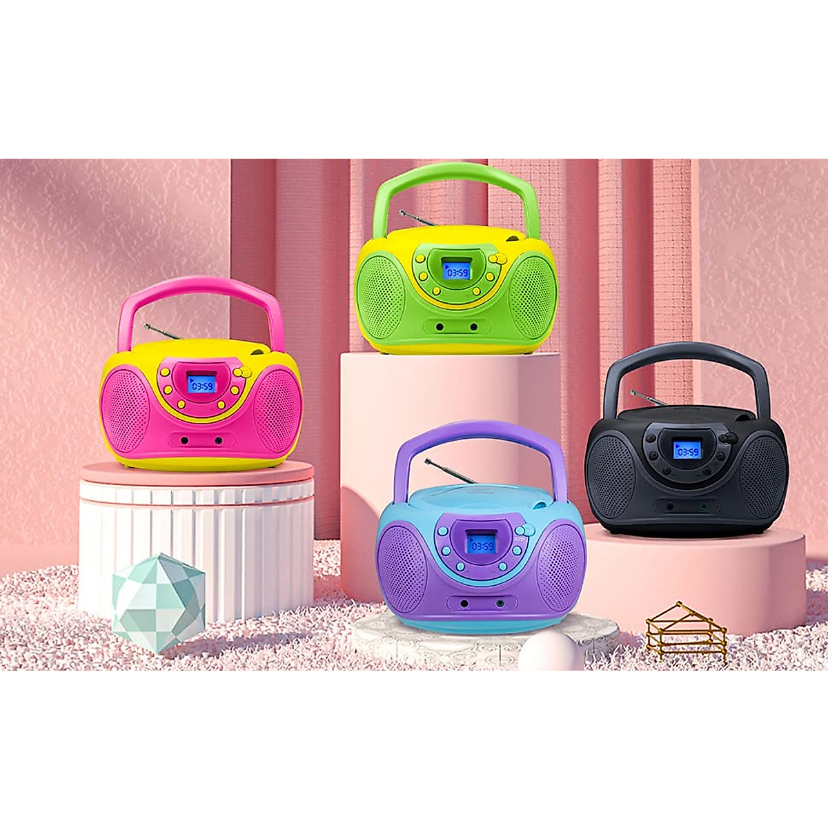 hPlay Gummy P16 Portable CD Player Boombox AM FM Digital Tuning Radio, Aux Line-in, Headphone Jack, Foldable Carrying Handle (Violet)