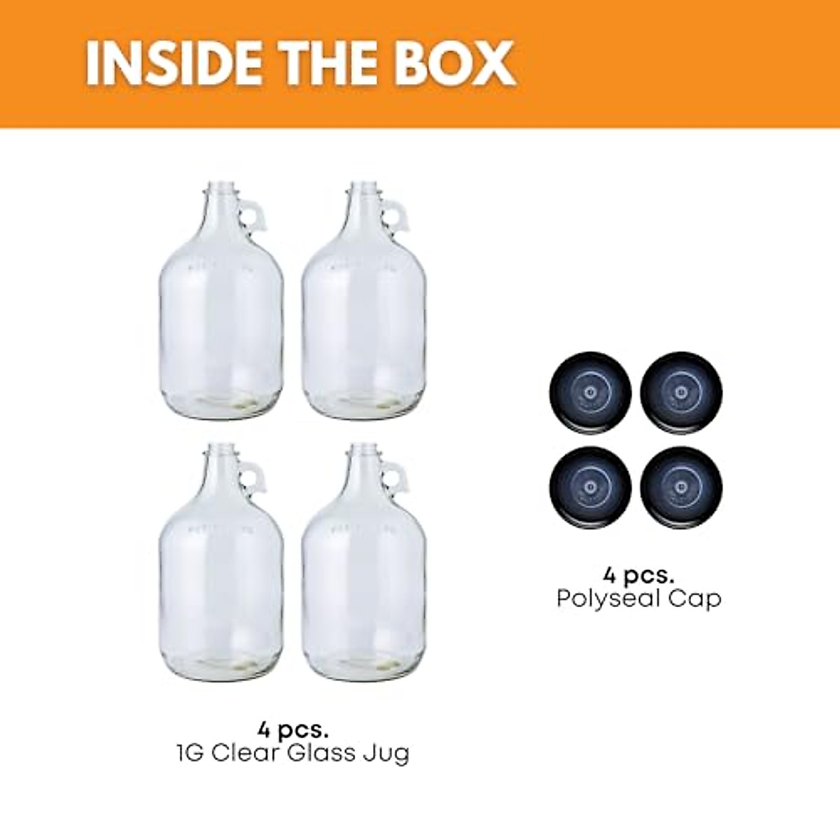 1 Gallon (128oz) Glass Jug with Black Polyseal Cap (4 Pack)