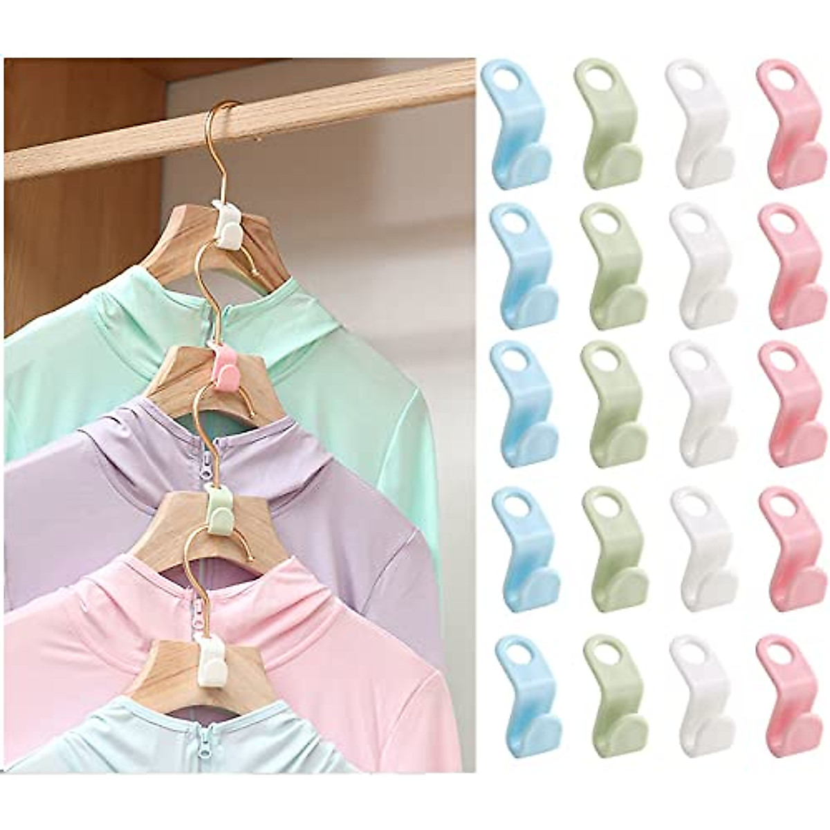 20 Pieces Clothes Hanger Connector Hooks, Outfit Hangers Extender Linking Hook Clips Velvet Huggable Hangers Drop Connecting Grip Heavy Duty Cascading Clothes Space Saving Organizer, 4 Colors