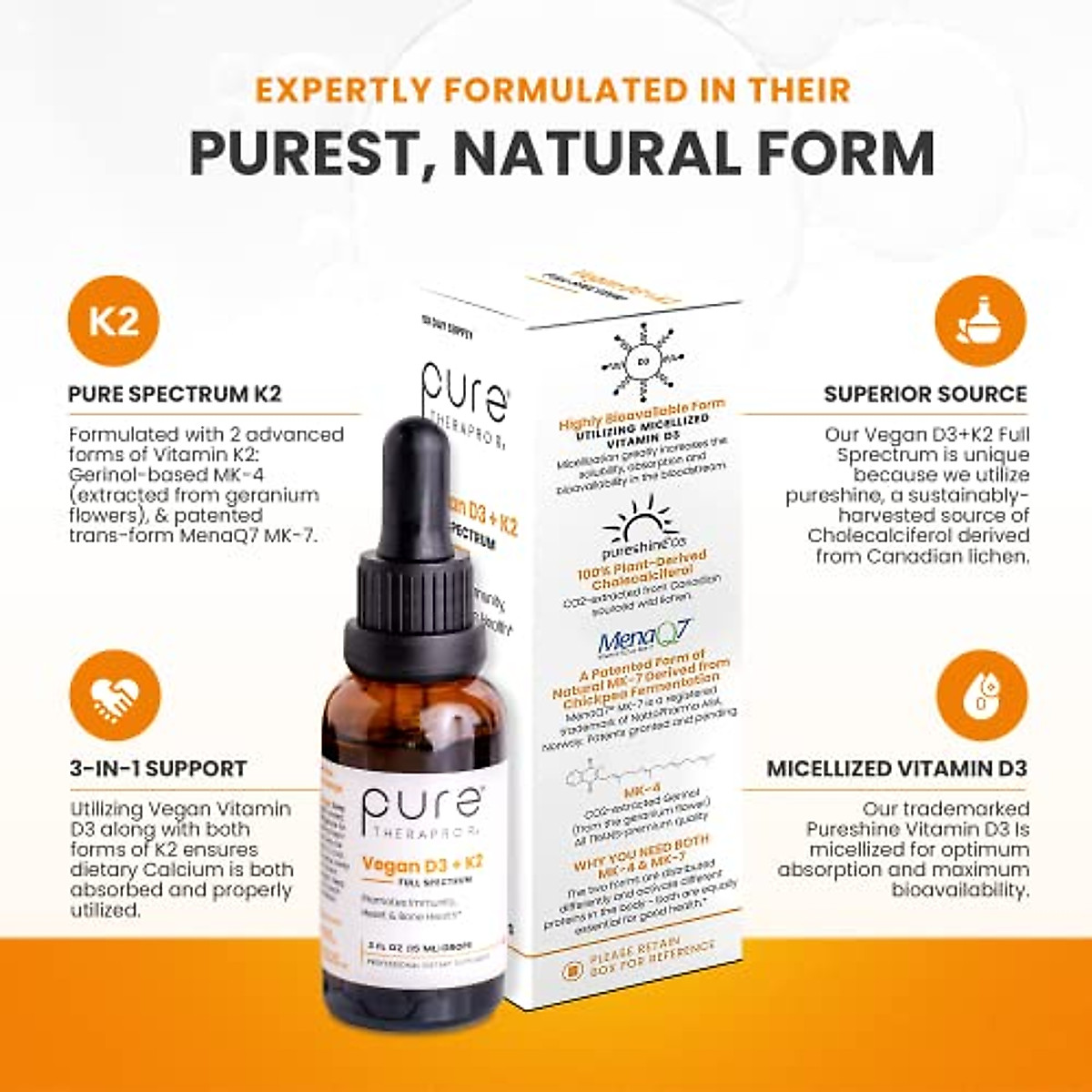 Pure Therapro Rx Vegan D3 + K2 Organic Full Spectrum Liquid for Maximum Absorption, Vitamin D3 and Vitamin K2 Supplements for Men and Women, D3 Vitamin 5000 IU, Liquid Vitamin D3 with K2-0.5 FL Oz
