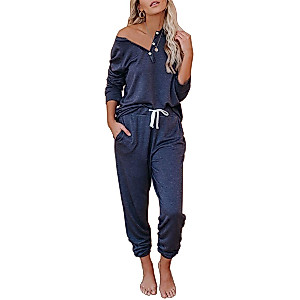 AUTOMET Womens 2 Piece Outfits Pajamas Sets Fall Lounge Sets Loungewear Sweatsuits with Sweatpants Coffee Grey M