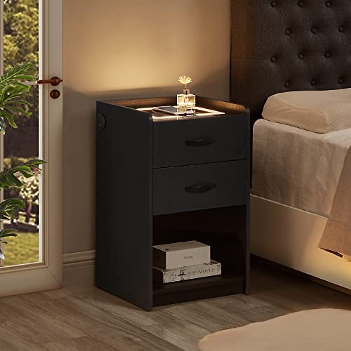 OLD CAPTAIN Nightstand with Wireless Charging Station, Smart Bedside Tables with Drawers and Open Storage Shelf for Bedrooms (Black Elm) … … …