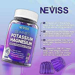 Potassium Magnesium Gummies, Sugar-Free Potassium Citrate 99mg Supplements with Magnesium Glycinate, Ashwagandha, B6 & B12 for Leg & Muscle Relaxation, Mood, Energy, Heart Health, Grape Flavor 120 Cts