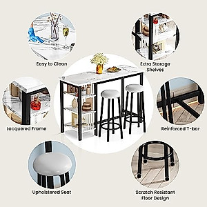 Lamerge Kitchen Counter Height Table and Stools Set for 2, 4-Tier Compact Dining Table, White Faux Marble Top and 2 PU Leather Upholstered Seats, Modern Dining Room Furniture for Home/Studio/Office