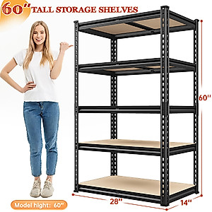 REIBII Garage Shelving 2000LBS Storage Shelves Heavy Duty Shelving 5 Tier Adjustable Metal Shelves for Garage Shelves Sturdy Shelving Unit Storage Rack for Kitchen Pantry Basement, 60" H x28 Wx 14" D