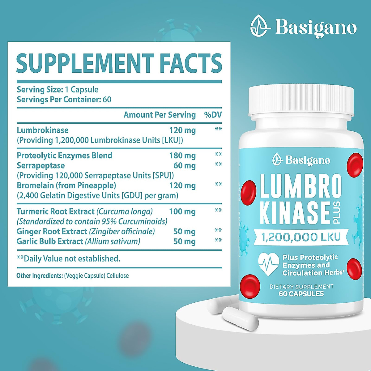 Lumbrokinase Supplement, 1.2 Million LKU - 120mg Capsules, Potent Nattokinase Alternative with Proteolytic Enzymes and Herbal Blend