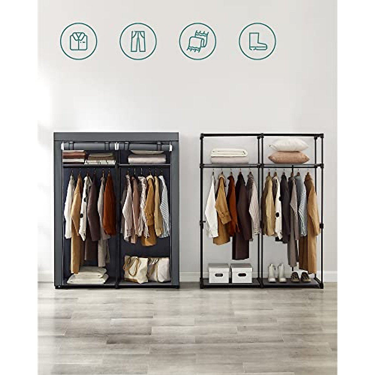 SONGMICS 59-Inch Portable Closet and 55-Inch Portable Closet Bundle, Pair of Roll-Up Wardrobes, Closet Storage Organizers, Easy Assembly, Gray ULSF03G and URYG02GY