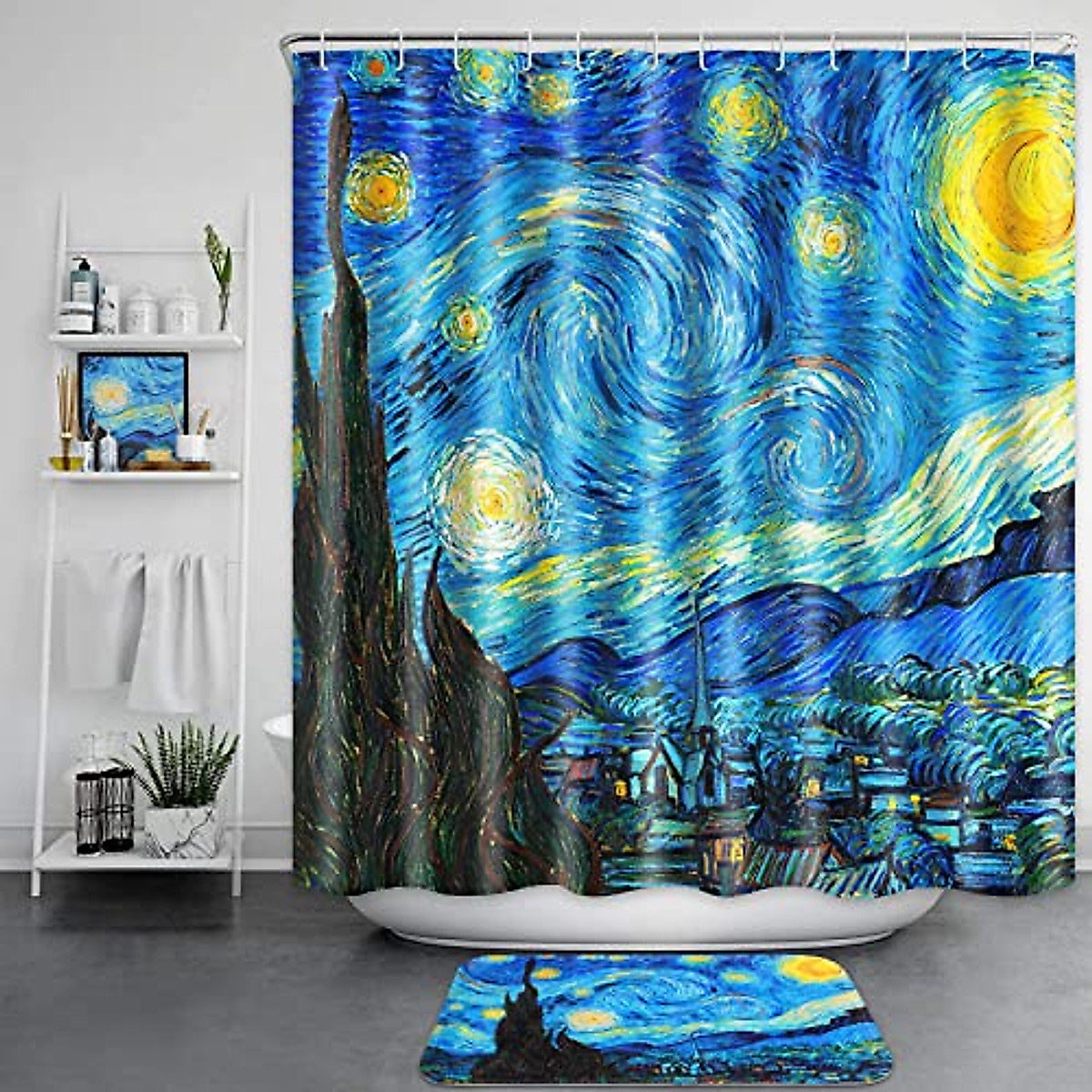 Ikfashoni 4 Pcs Starry Night Shower Curtain Set with Non-Slip Rugs, Toilet Lid Cover and Bath Mat, Van Gogh Abstract Art Shower Curtain with 12 Hooks, Blue Oil Painting Shower Curtains for Bathroom