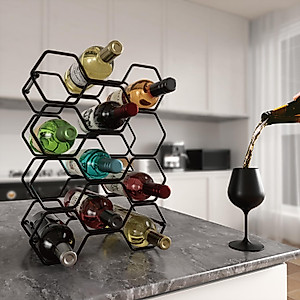 Buruis Countertop Wine Rack, 14-Bottle Modern Freestanding Metal Holder for Red and White Wine, Tabletop, Kitchen, Bar, and Cabinet Storage (Black)