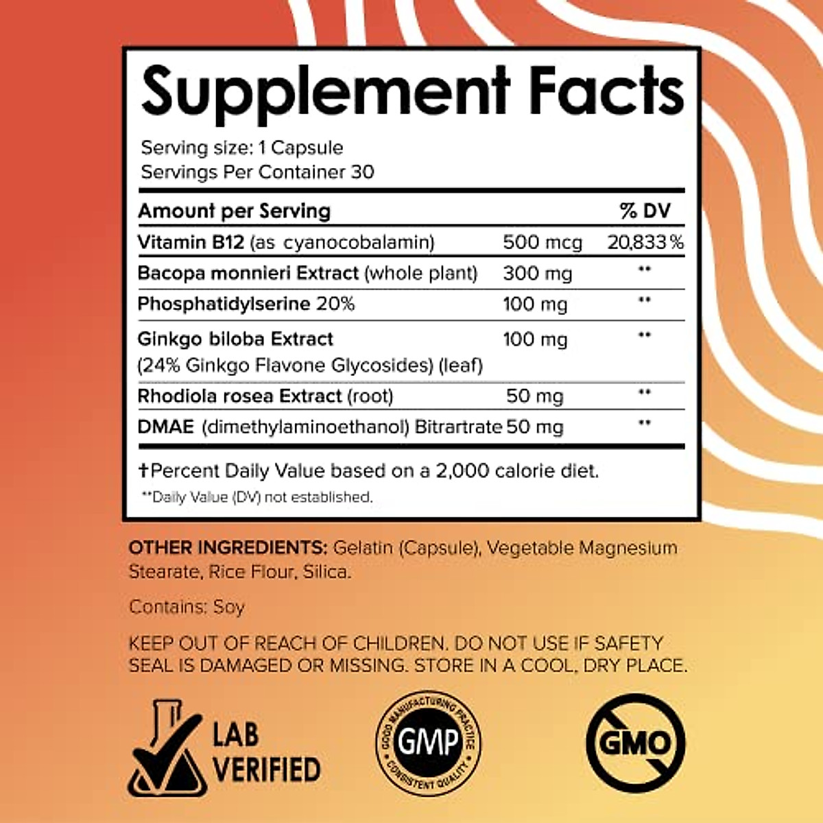 Vital Vitamins Brain Supplements for Memory & Focus - Brain Booster Nootropic - Brain Support for Concentration & Brain Fog - with Ginkgo Biloba, DMAE, Vitamin B12 - Energy Pills - 30-Day Supply