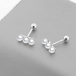 20g Minimalist 3 Pearl 925 Sterling Silver Tiny Mini Cute Small Ball Cartilage Stud Earrings for Women Teen Girls Sensitive Ear Dainty Simple Piercing Post Screw Back Helix Tragus Hypoallergenic
