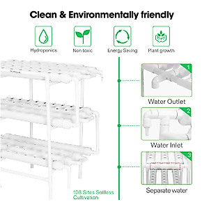 VIVOSUN Hydroponics Growing System 108 Plant Sites, 3 Layers 12 Food-Grade PVC-U Pipes Gardening System Grow Kit with Water Pump Timer, Nest Basket and Sponge for Leafy Vegetables