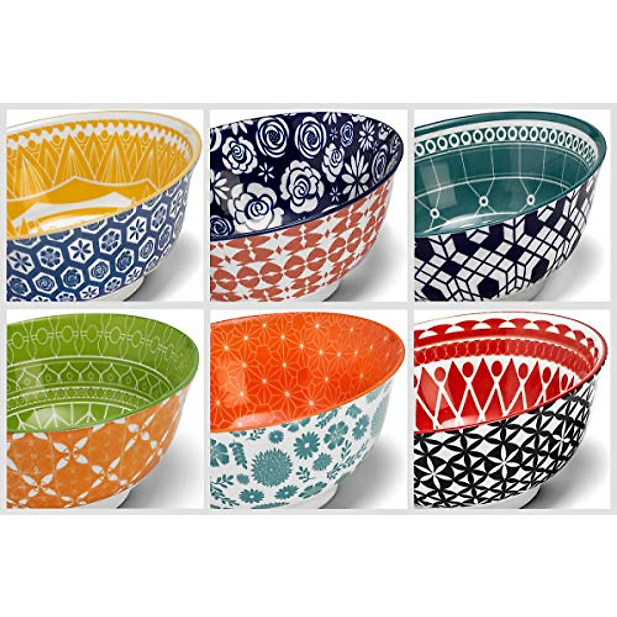 Annovero Cereal Bowls - Set of 6 Dinnerware for Ice Cream, Fruit, Ramen, Cereal, Soup, Colorful Stoneware Dishes for Kitchen, Microwave and Oven Safe, 6.25 Inch Diameter