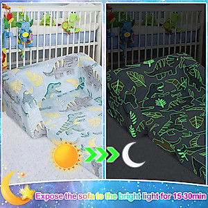 Kirumie Fold Out Kids Sofa Couch, Children 2 in 1 Convertible Sofa to Lounger, Flip Out Sofa Chair with Blanket, Glow in The Dark Dinosaur Theme Toddler Sofa, Sofa Bed Toddler Chairs for Boys Girls