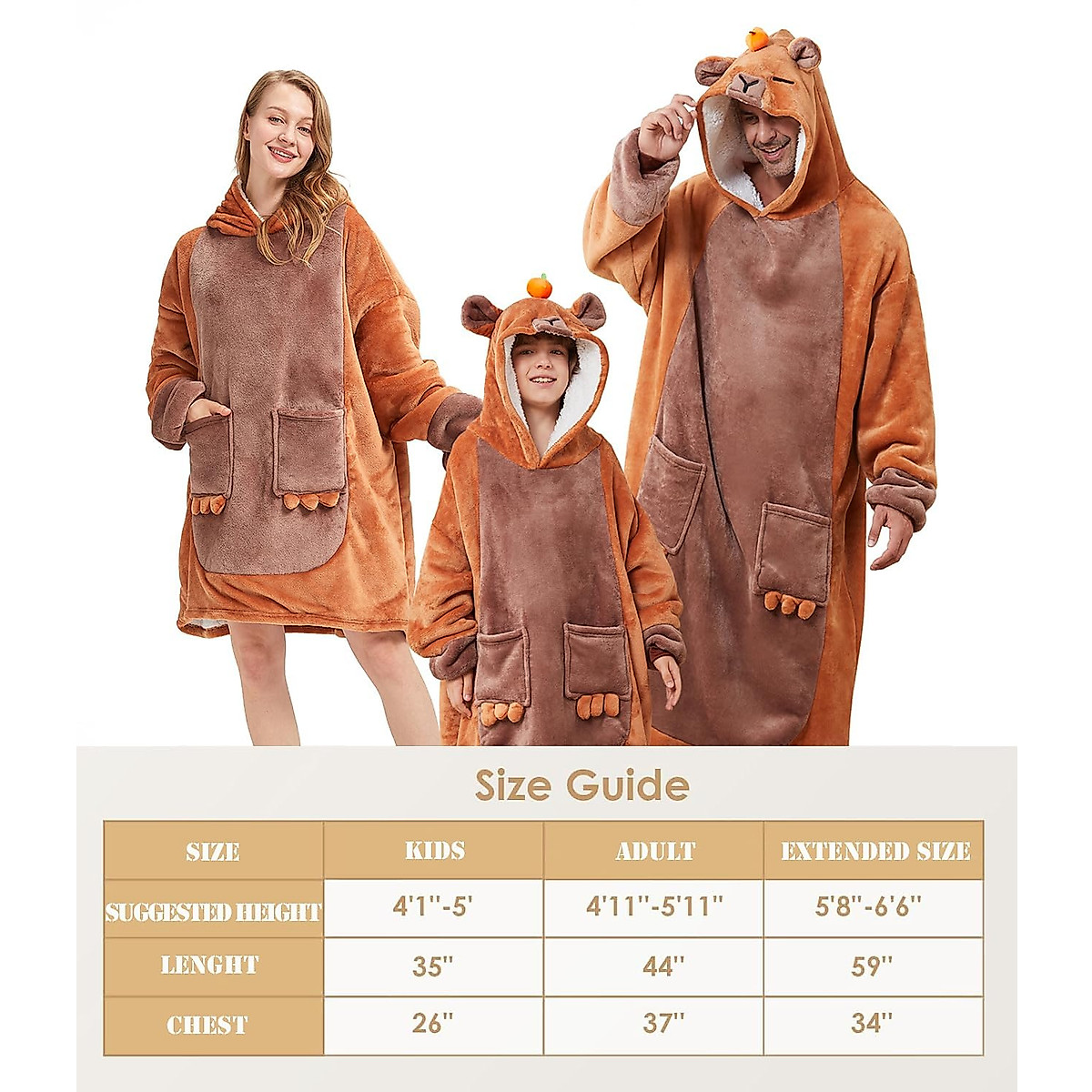BRAFFWNE Oversized Wearable Blanket Hoodie, Long Sherpa Fleece Hooded Blanket for Adult Women Men and Children (Capybara, Adult)