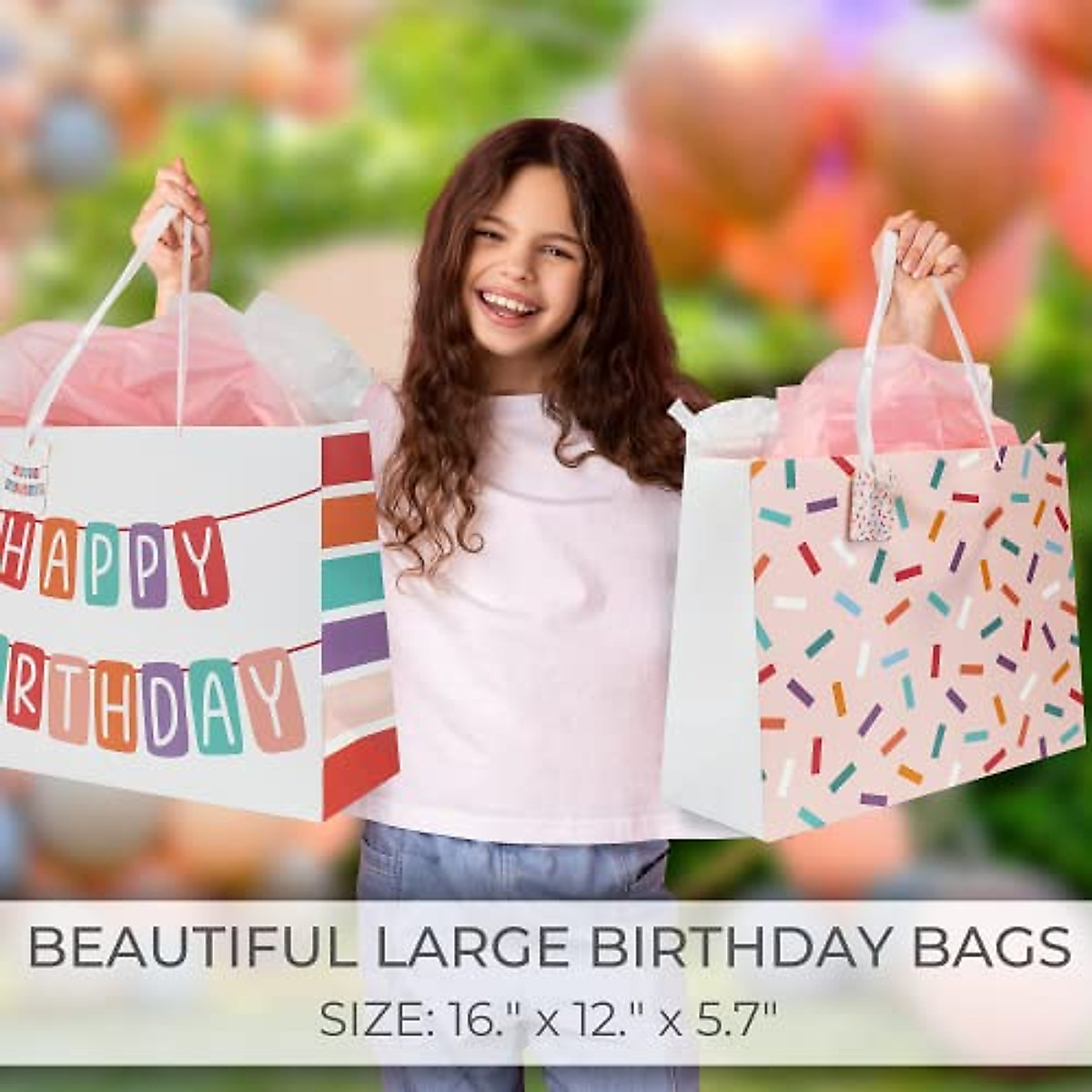 Beautiful Birthday Gift Bags Set of 2 - Large 16" Bags with Handles incl. Matching Tissue Paper, Cards & Stickers - Reusable and Perfect For Presents of Any Girls/Boys Kids Party & Special Occasion