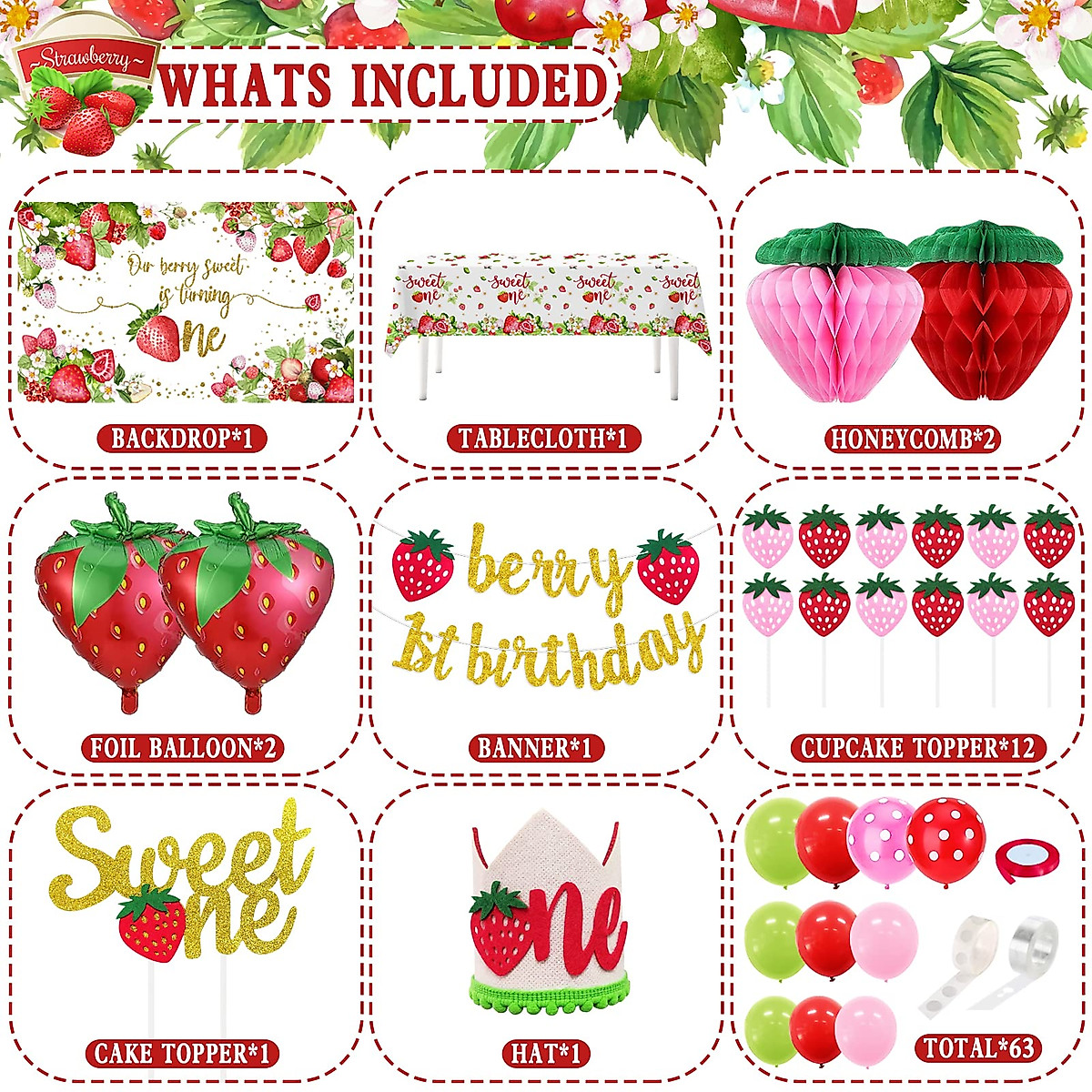Strawberry First Birthday Party Decoration Pack for Girls Sweet One Shortcake Party Supplies 84 Pcs (Backdrop, Tablecloth, Banner, Crown, Cupcake Toppers, Honeycomb Decor, Balloons) (Sweet One)