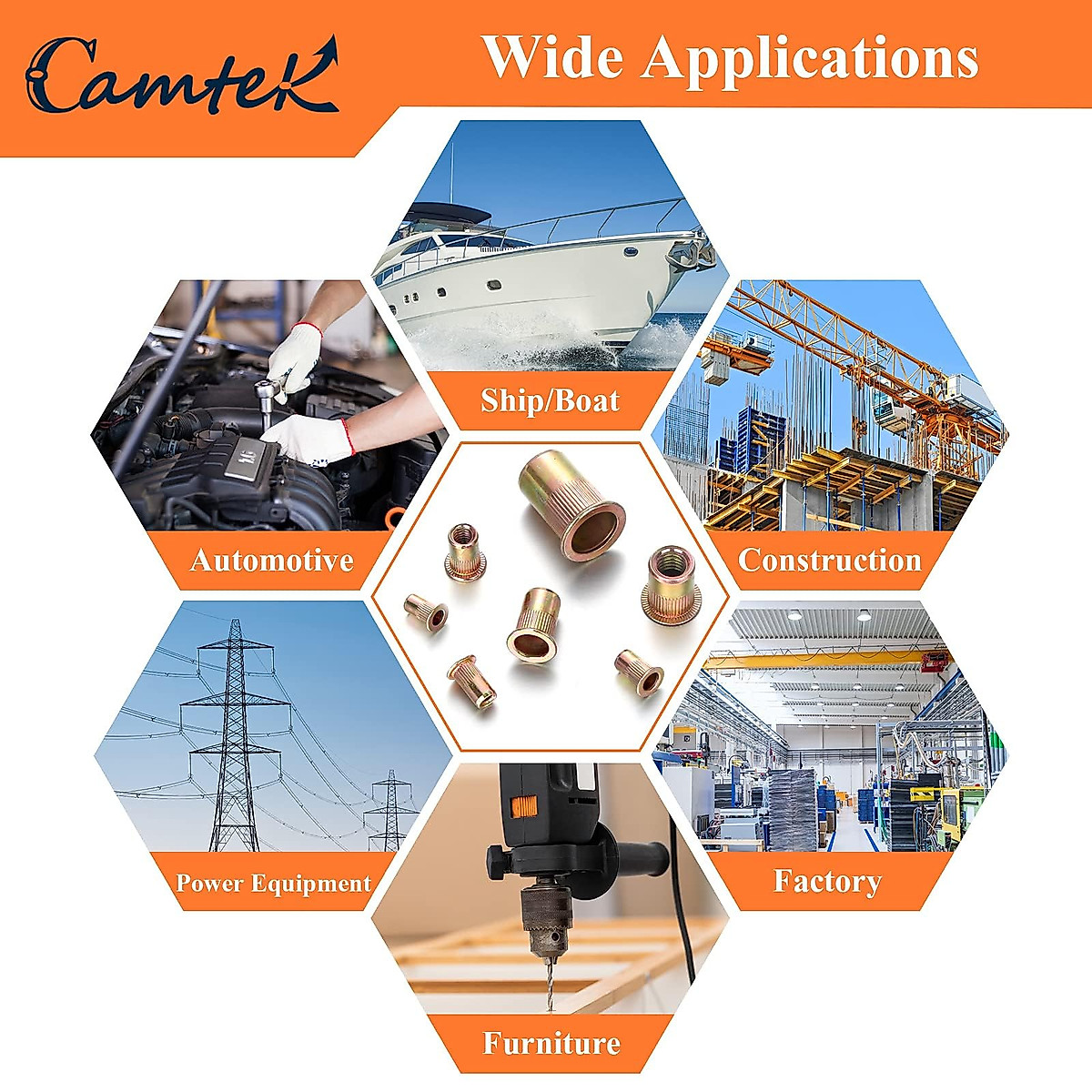 Camtek 325PCS Rivet Nut Kit, #8-32#10-24 5/32"-32UNC 1/4''-20UNC 5/16''-18UNC 3/8''-16UNC 1/2"-13UNC Zinc Plated Carbon Steel Flat Head Rivnut Threaded Insert Rivet Nuts Assortment Set