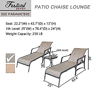 Festival Depot 3Pcs Outdoor Lounge Chair Set of 2 Patio Chaises with Adjustable Backrest in 4 Reclining Levels and Bistro Table Metal Furniture for Poolside, Gray