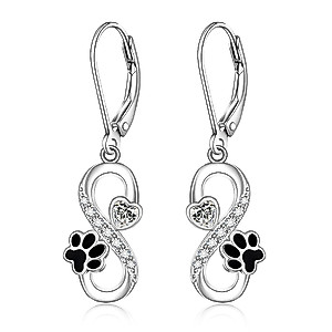 Cat Dog Paw Print Earrings for Women Sterling Silver Valentine Infinity Heart Puppy Claw Leverback Drop Dangle Earrings Cute Animal Memorial Jewelry Valentines Day Gifts