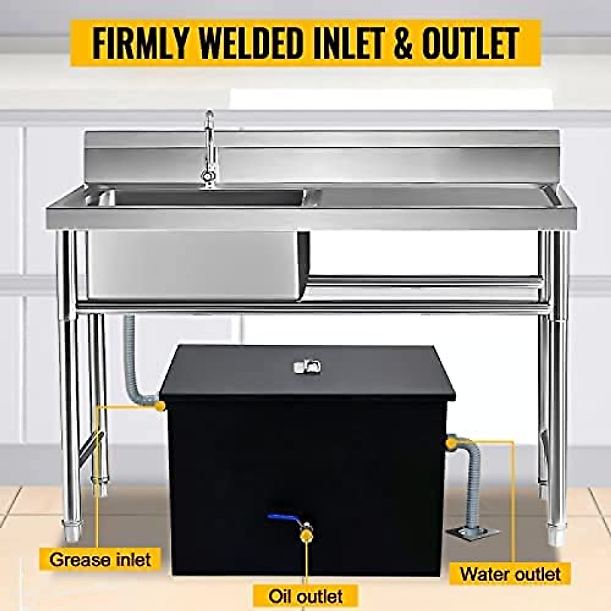 Commercial Grease Interceptor Trap 70 Lb - Carbon Steel Grease Trap Under Sink For Restaurant Cafe - Under Sink Grease Trap 4-35 GPM - Waste Water Oil-water Separator For Restaurant,50 LB