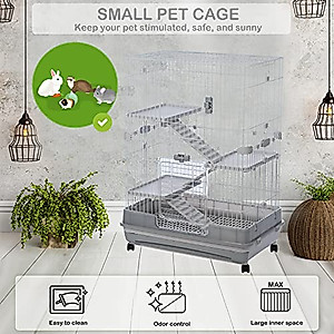 Gecheer 4-Tier 32" Small Animal Metal Cage Height Adjustable with Lockable Casters Grilles Pull-Out Tray for Rabbit Chinchilla Ferret Bunny Guinea Pig Squirrel Hedgehog Grey