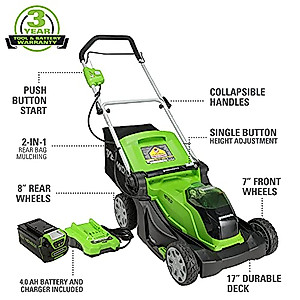 Greenworks 40V 17" (2-In-1) Push Lawn Mower, 4.0Ah Battery and Charger Included