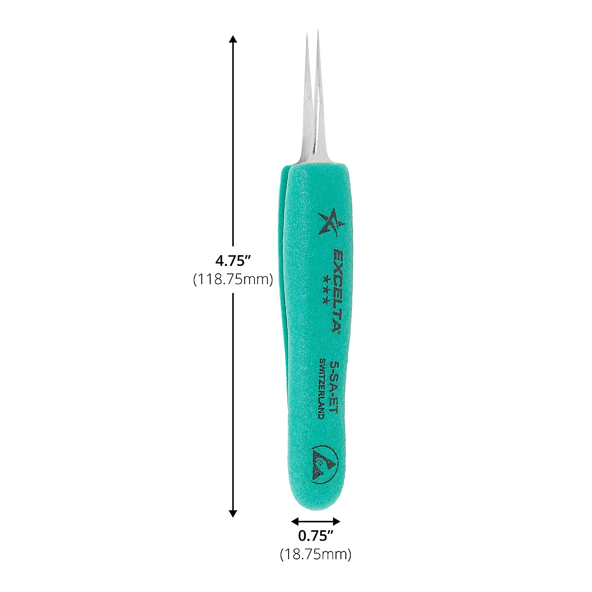 Excelta 5-SA-ET Straight Tapered Ultra-Fine Pointed Tweezers, 4.75 Inch, Ergo-Tweeze Soft Cushioned Grips, Made of Neverust Stainless Steel, Ideal for Microscopy, Professional