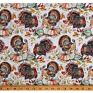 Fields Cotton Turkeys and Pumpkins Thanksgiving Autumn Fall Leaves Cream Cotton Fabric Print by The Yard (77325-A620715) 44 Inches
