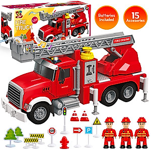 Fire Truck Toy Set for Kids - Fire Engine Truck with Water Spraying Hose, Rotating Ladder + 3 Fireman Firefighters, Road Signs, Lights & Sounds – Toy Fire Truck for Boys Age 4-7, Girls 3 Years Old+
