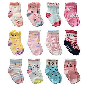 12 Pairs Toddler Girl Grip Socks Non Skid Cotton Crew Socks, Baby Socks Girl Anti Slip Socks for Kids Girls (12 Pairs, 3-5 Years)