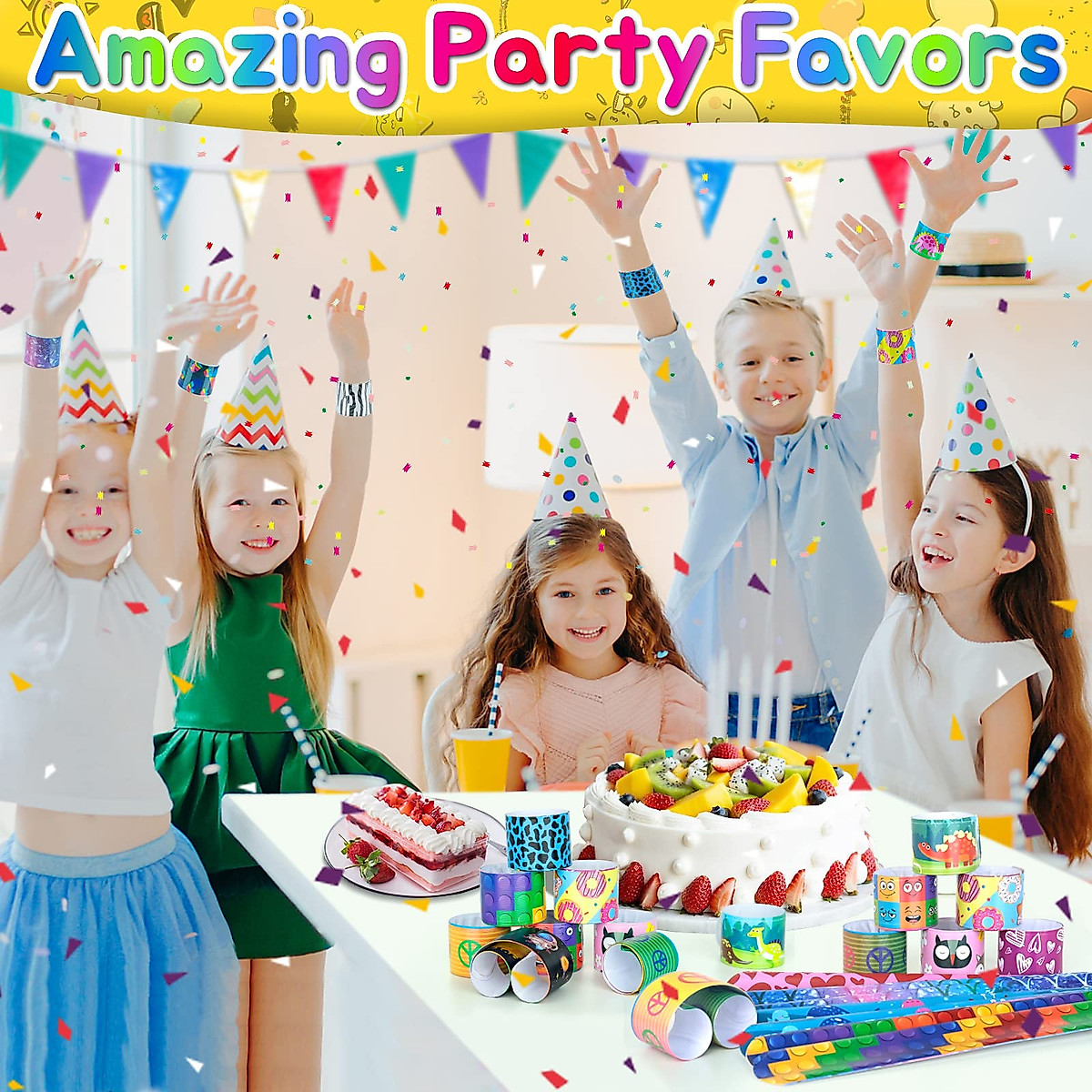 Slap Bracelets Kids Party Favors 48PCS Snap Bracelet Wrist Bands for Boys Girls Birthday Gift Treasure Box Classroom Rewards Goodie Bag Fillers Pinata Stuffers Xmas Easter Valentine Halloween Supplies