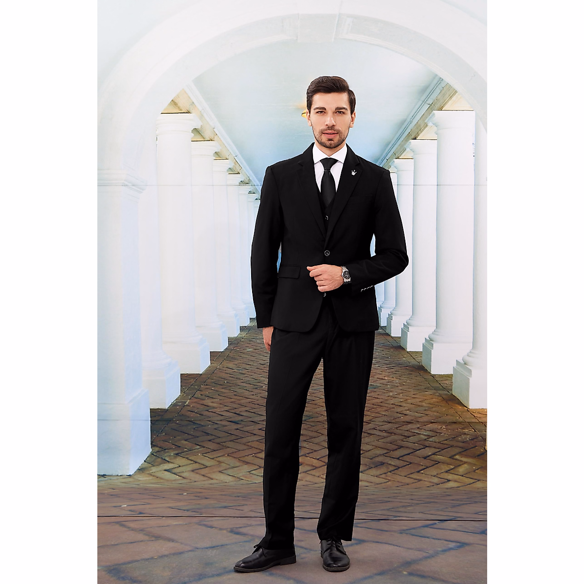 MAGE MALE Mens Suits Slim Fit 3 Piece Tuxedo Suit One Button Solid Prom Wedding Party Blazer Vest Pants Set with Tie Black