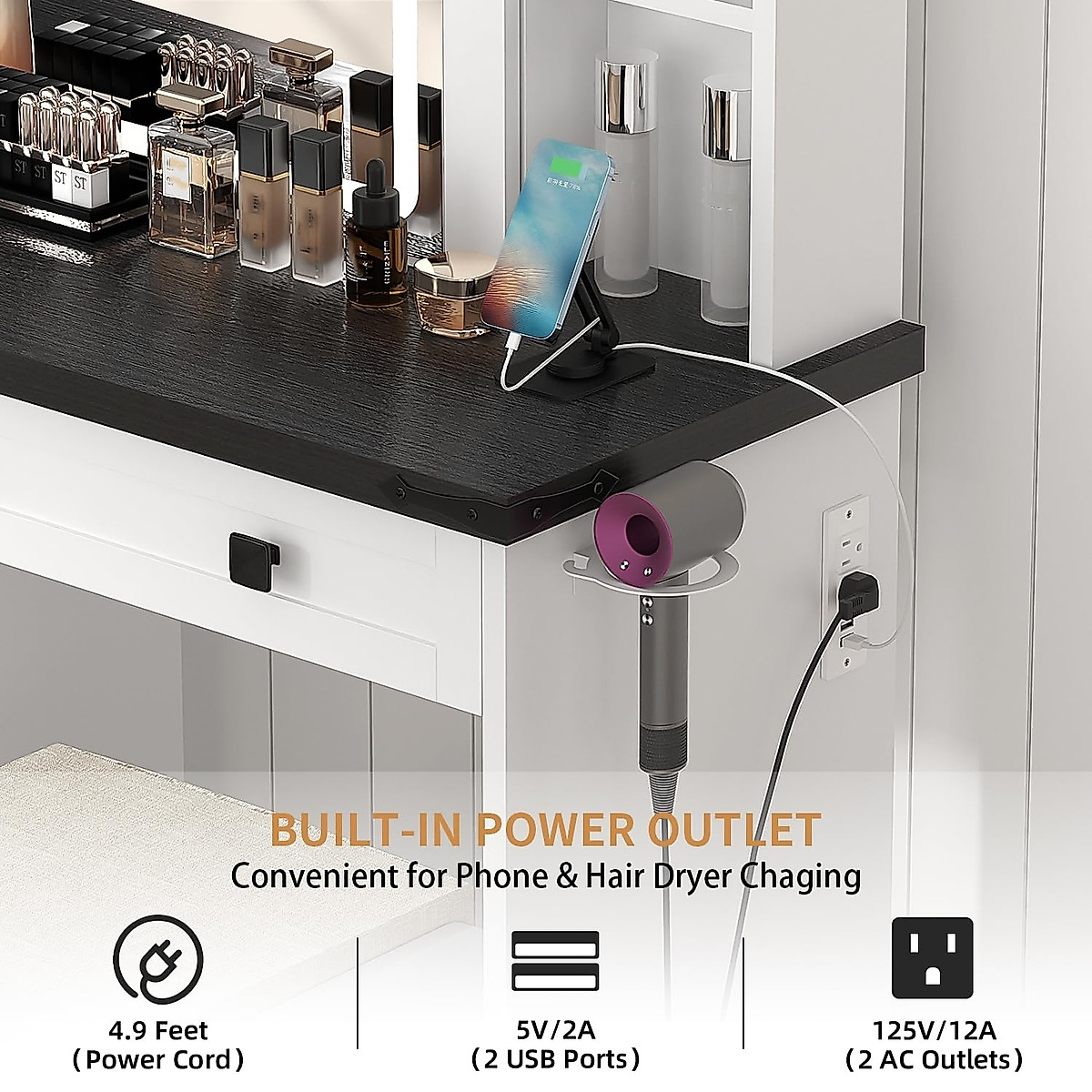 VOWNER Farmhouse Makeup Vanity Desk with Sliding Lighted Mirror & Power Outlet, Vanity Table Set with Hidden Shelves & 5 Drawers & Storage Stool for Bedroom