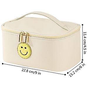 WALONER Preppy Patch Makeup Bag Leather Cosmetic Bag Large Makeup Pouch, Portable Waterproof Travel Toiletry Organizer,Toiletry Bag for Women Girls Gifts (White)
