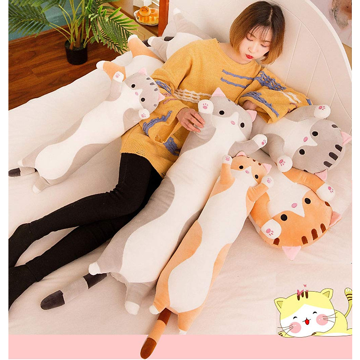 123Arts Cartoon Cat Soft Plush Long Throw Pillow Lifelike Animal Neck Pillow Plush Toy