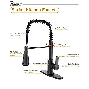PHASAT Kitchen Faucet with Pull Down Sprayer High ArcSpring Kitchen Sink Faucet 4 Function Single Handle Mixer Tap,Matte Black,PU1H01