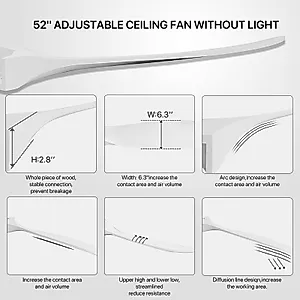 YKXONFA Solid Wood Ceiling Fans Without Light, 52 inch Real Wood Ceiling Fan with 6-Speeds 3 Wood Blades, Indoor Outdoor Ceiling Fans for Garage, Farmhouse, Living Room, Bedroom, Office