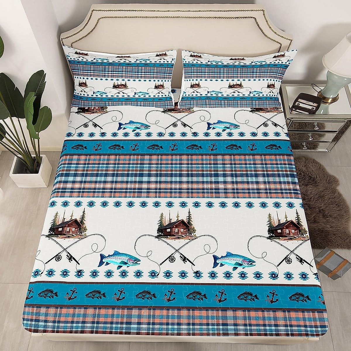 jejeloiu Fish Sheets with Deep Pocket Fitted Sheet Fish Hook Fishing Theme Sheet Set for Boys Girls Children Sea Animal Buffalo Check Blue Bed Sheets Set Room Decor Full Size with 2 Pillow Case