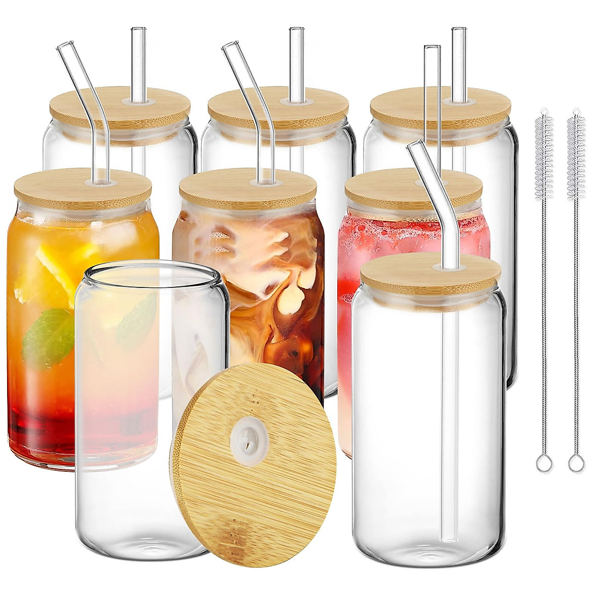 ABuff 8 Pcs Can Shaped Glass Cups with Lids and Straws 16 Oz Beer Can Glass cups Iced coffee cups with Bamboo lids and straws, Mason Glass Tumbler for Soda Smoothie Boba Cocktail - with 2 Brushes